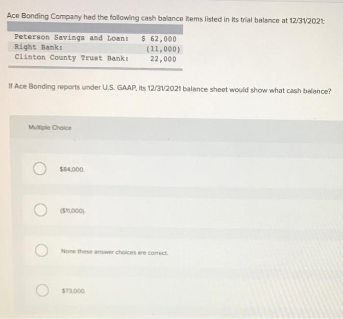 Solved Ace Bonding Company had the following cash balance | Chegg.com