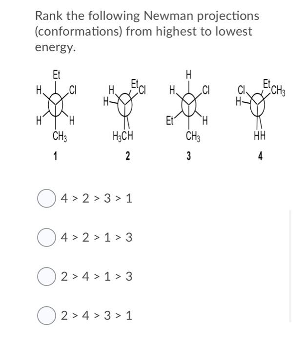 Solved Rank the following Newman projections (conformations) | Chegg.com