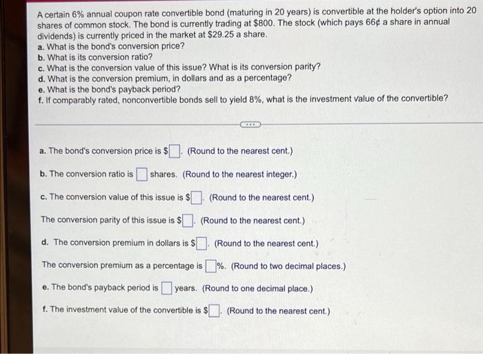 Solved A certain 6% annual coupon rate convertible bond | Chegg.com