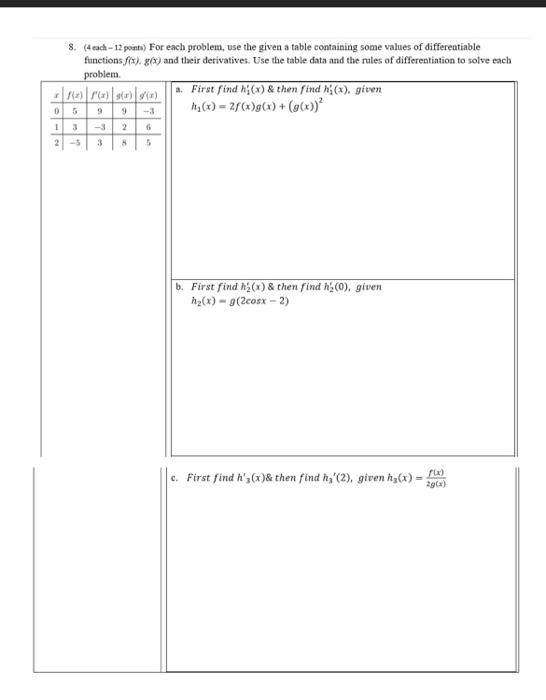 Solved 8. (4 each-12 point) For each problem, use the given | Chegg.com