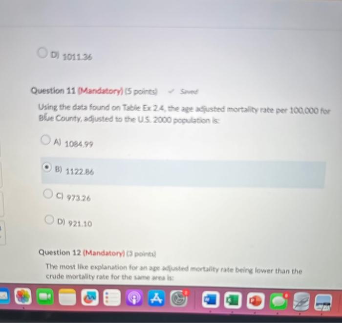 Solved D) 1011.36 Question 11 (Mandatory) (5 points) > sived | Chegg.com