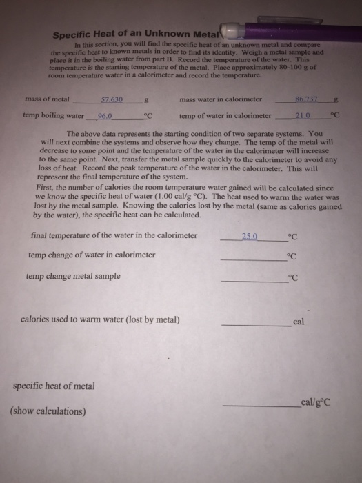 Solved Specific Heat of an unknown Metal In this section, | Chegg.com