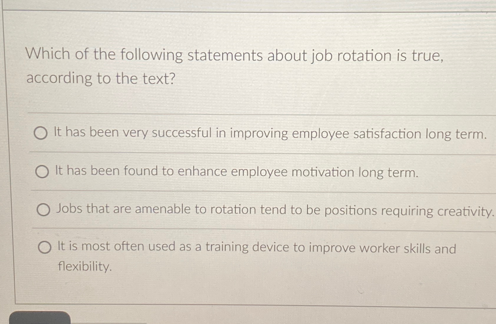 Solved Which of the following statements about job rotation | Chegg.com