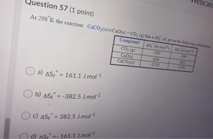 Solved bcam Question 57 (1 point) At 298 K the reaction: | Chegg.com