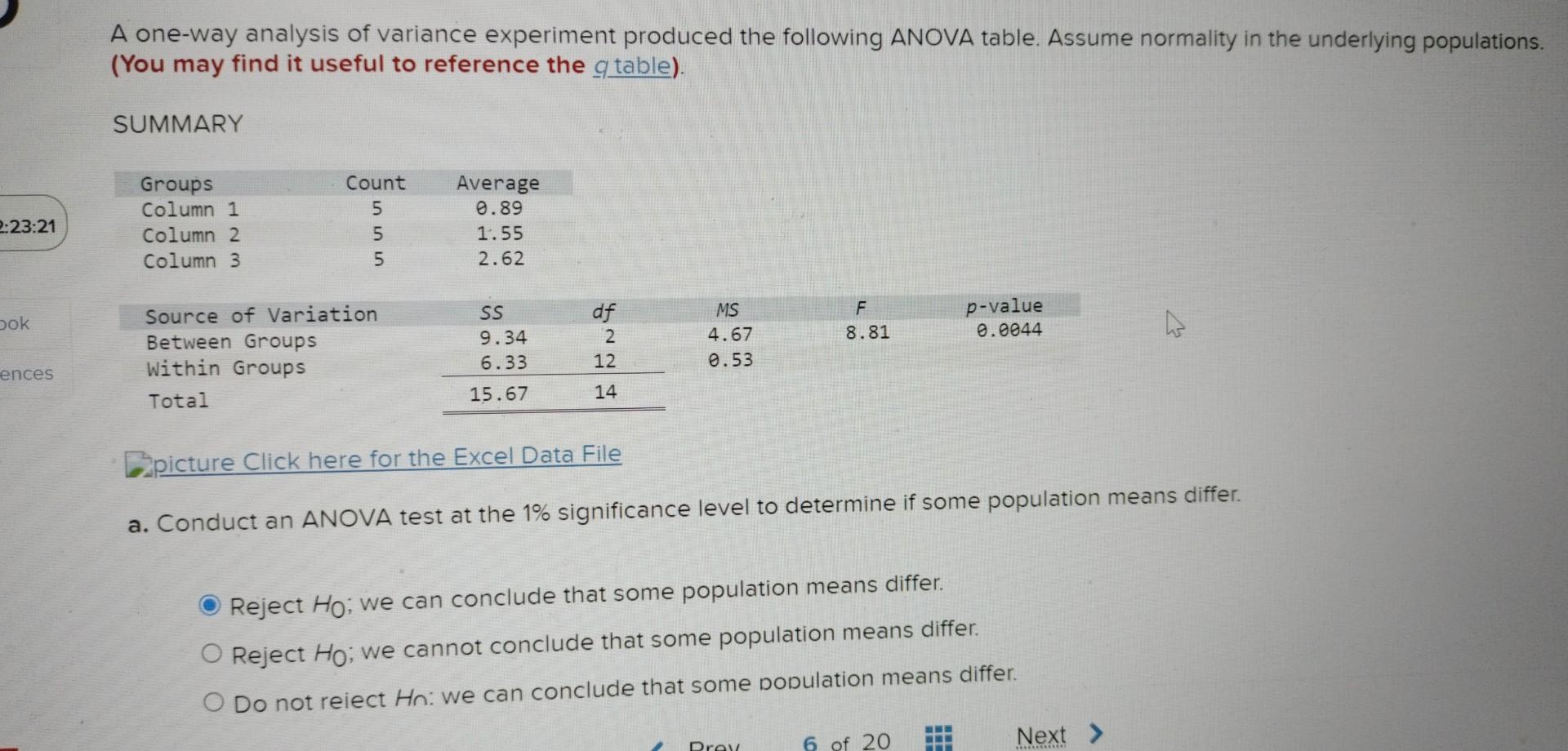 Solved A one-way analysis of variance experiment produced | Chegg.com