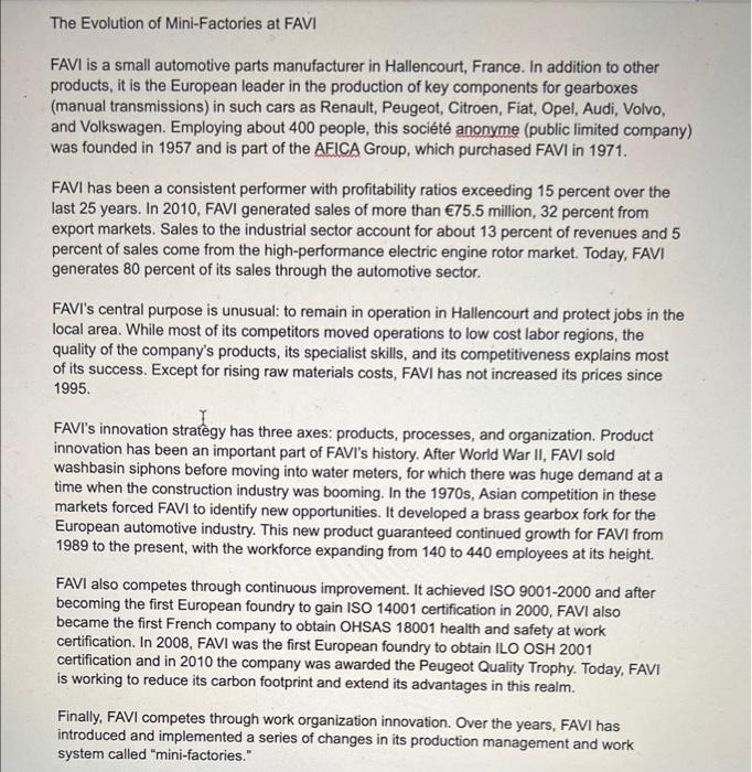 Solved The Evolution of Mini-Factories at FAVI FAVI is a | Chegg.com