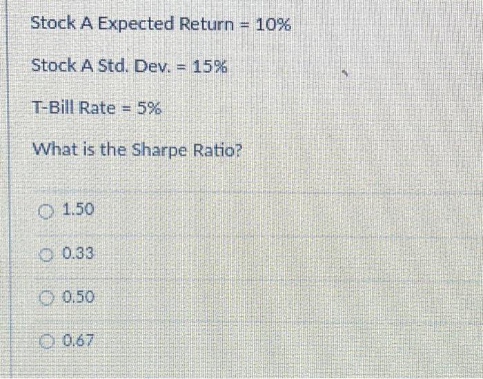 Solved Stock A Expected Return =10% Stock A Std. Dev. =15% | Chegg.com