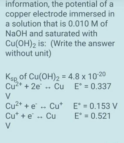 Solved information, the potential of a copper electrode | Chegg.com