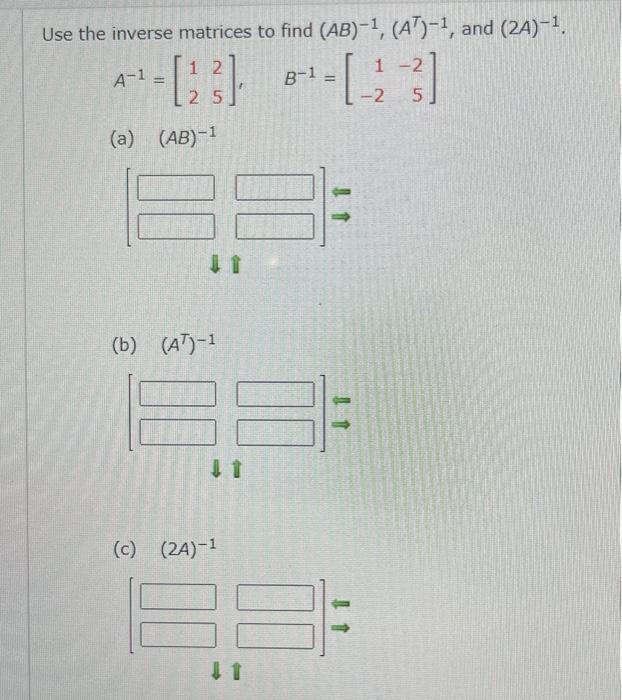 Solved Use the inverse matrices to find (AB)−1,(A⊤)−1, and | Chegg.com