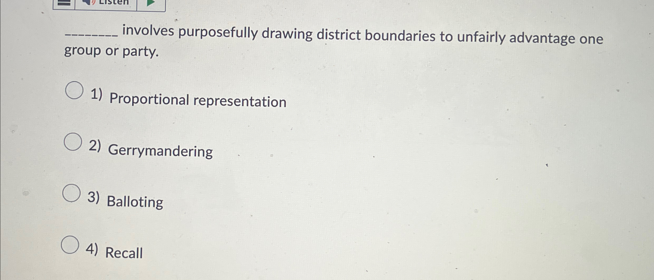 Solved q, ﻿involves purposefully drawing district boundaries | Chegg.com