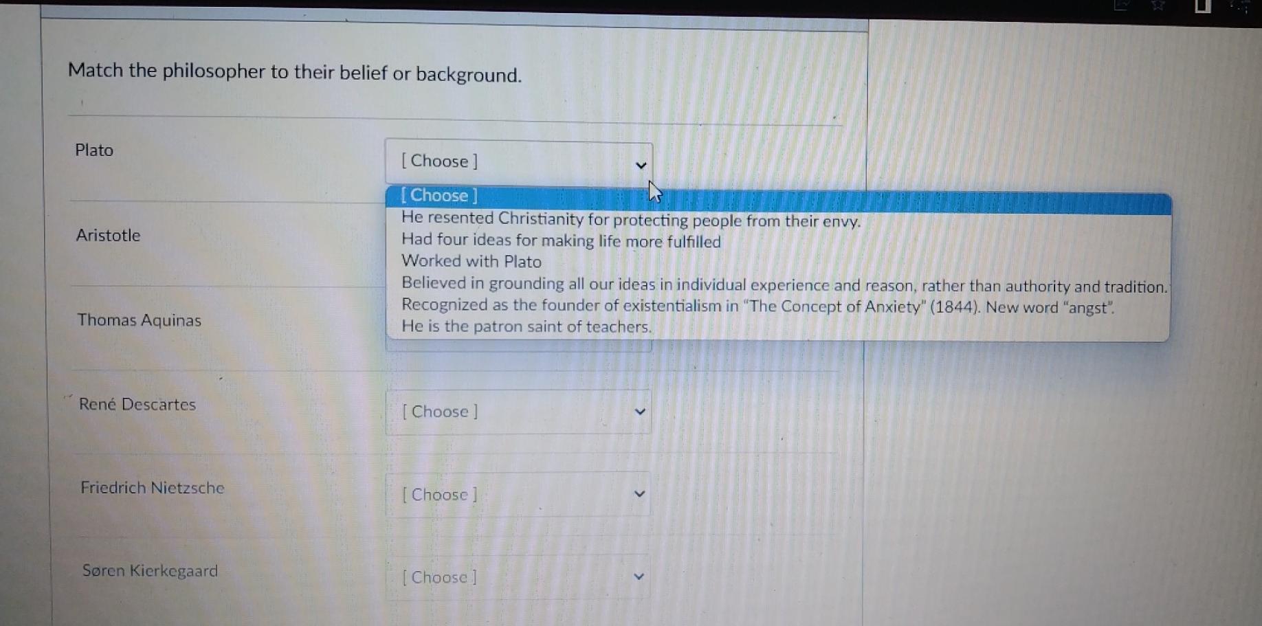 Match the philosopher to their belief or background. | Chegg.com
