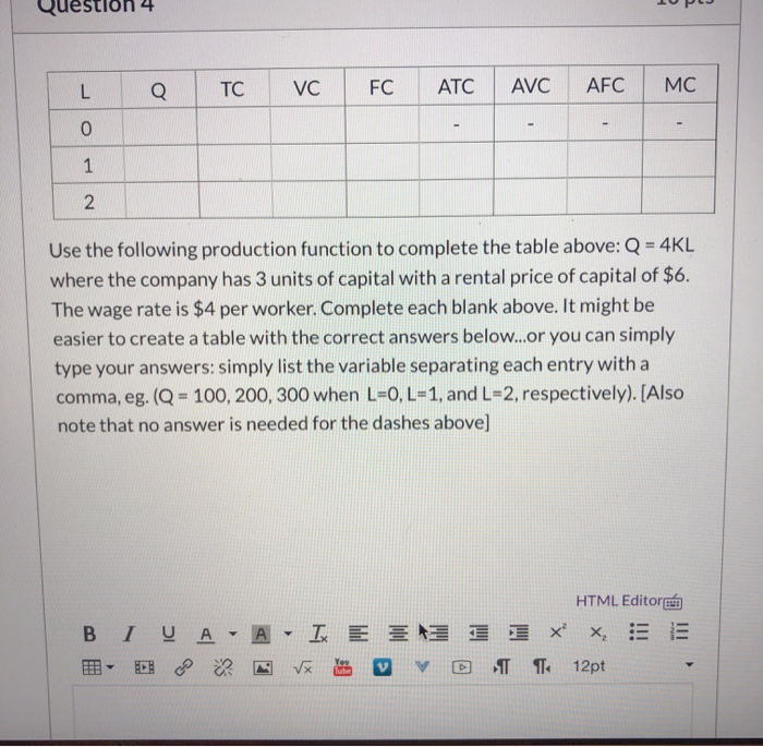 Solved Question 4 Q TC VC FC ATC AVC AFC MC Use the | Chegg.com