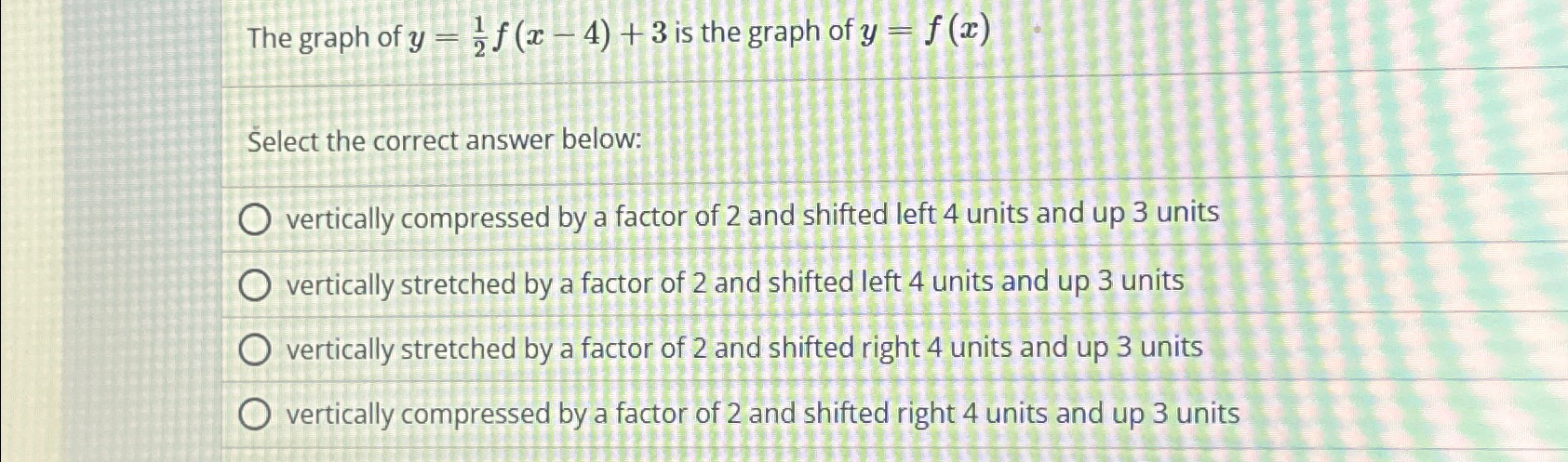 Solved The graph of y=12f(x-4)+3 ﻿is the graph of | Chegg.com