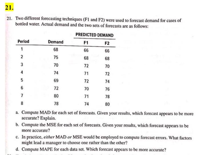 Solved 1. Two different forecasting techniques (F1 and F2 ) | Chegg.com