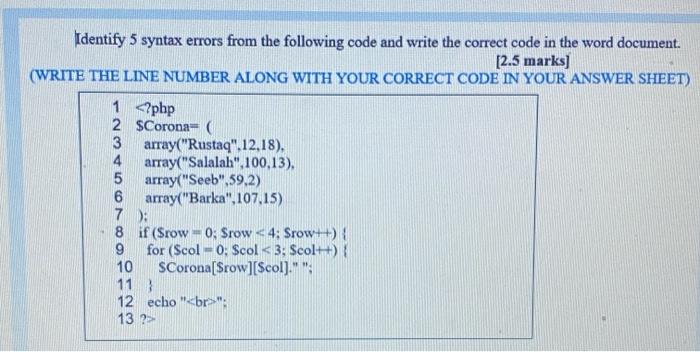 Solved Identify 5 syntax errors from the following code and | Chegg.com