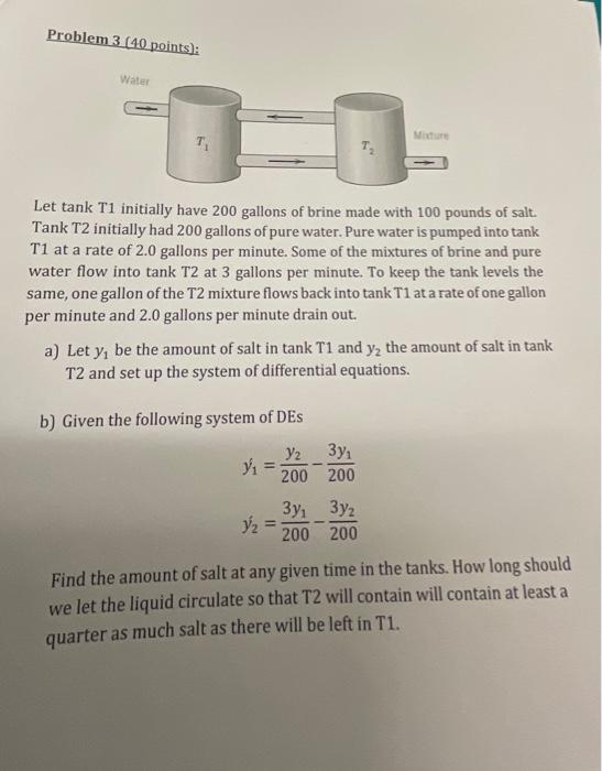 Solved Problem 3 (40 points): Let tank T1 initially have 200 | Chegg.com