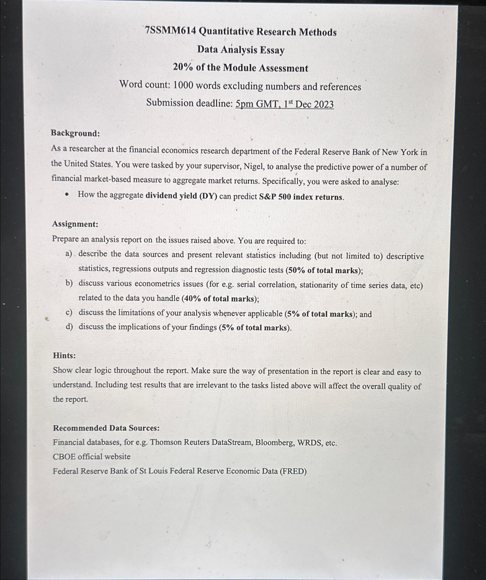 Solved 7SSMM614 ﻿Quantitative Research MethodsData Analysis | Chegg.com