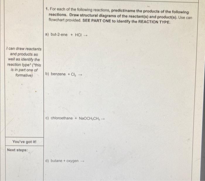 Solved 1. For each of the following reactions, predictiname | Chegg.com