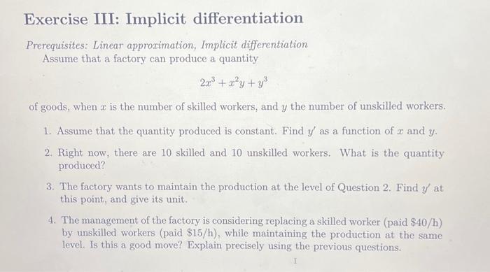 Solved Exercise III: Implicit differentiation Prerequisites: | Chegg.com