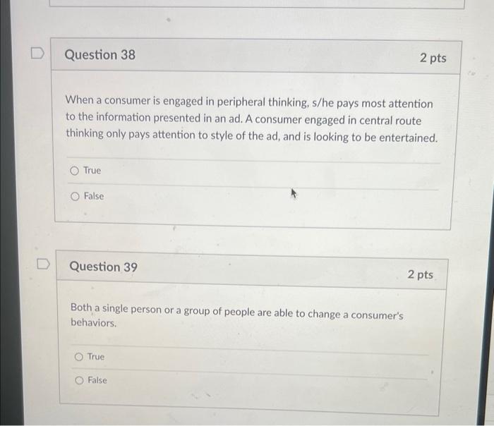 Solved When a consumer is engaged in peripheral thinking, | Chegg.com