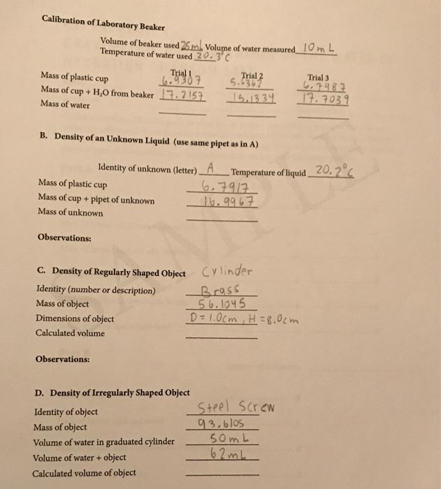 Solved Calibration of Laboratory Beaker Volume of beaker | Chegg.com