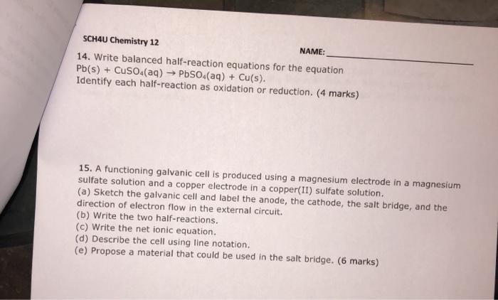 Solved NAME: SCH4U Chemistry 12 Part B: Answer the following | Chegg.com
