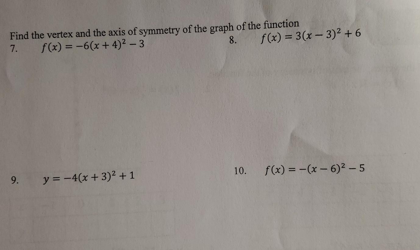 Solved Find the Vertex and the axis of symmetry of the graph | Chegg.com