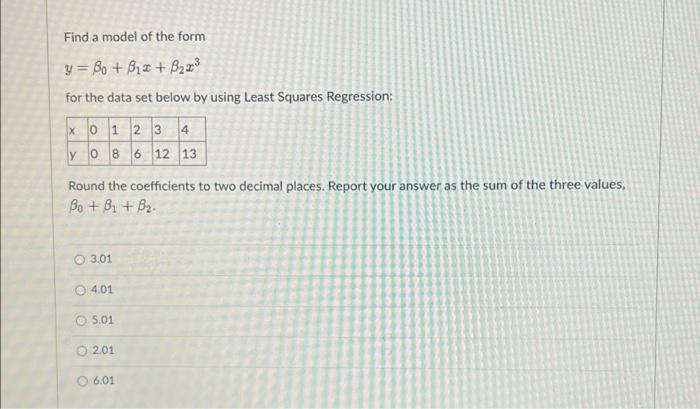 Solved Find a model of the form y =Bo+Bi2 + Ba for the data | Chegg.com