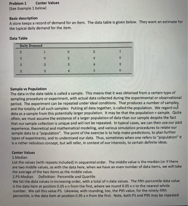Solved Problem 1 Center Values (See Example 1 below) Basic | Chegg.com