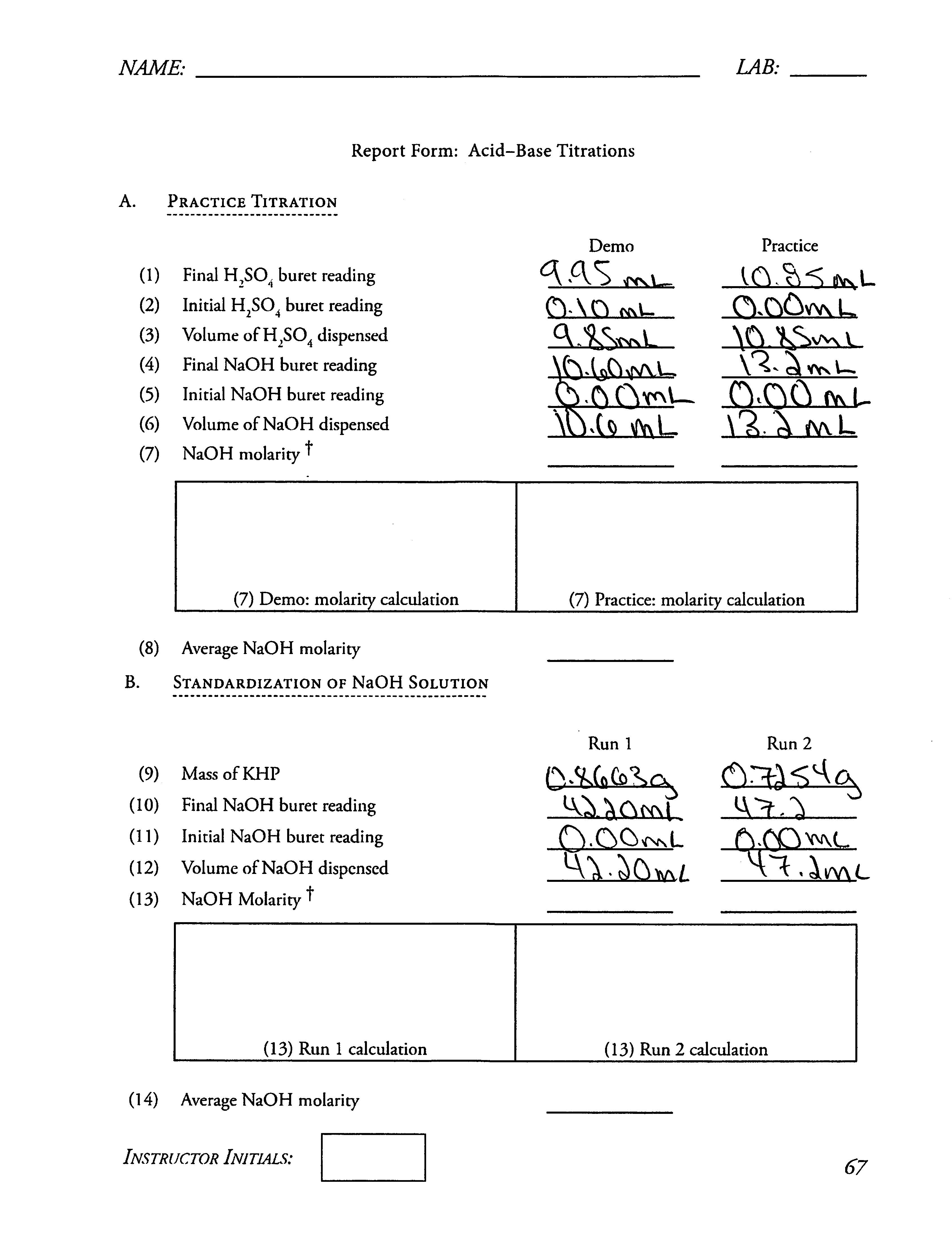 Report Form: Acid-Base TitrationsA. ﻿Practice | Chegg.com