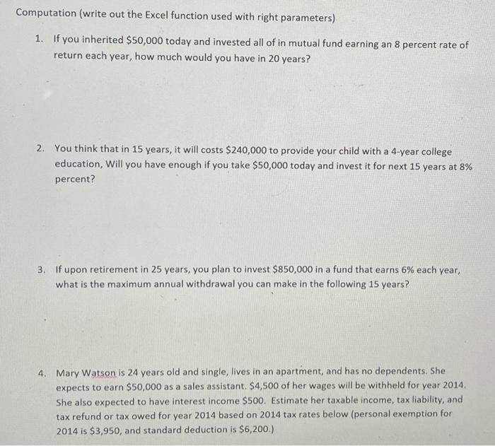 Solved Computation (write out the Excel function used with | Chegg.com