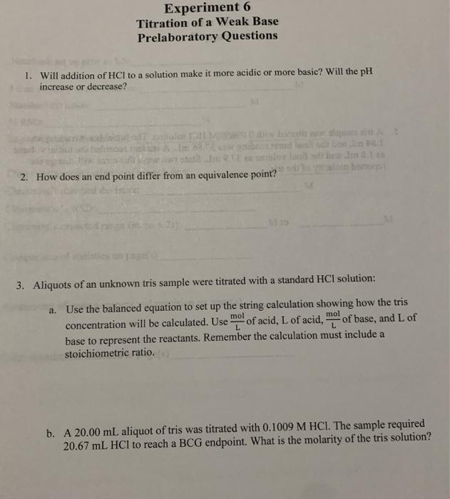 Solved Experiment 6 Titration of a Weak Base Prelaboratory | Chegg.com
