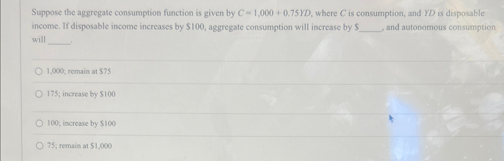 Solved Suppose the aggregate consumption function is given | Chegg.com