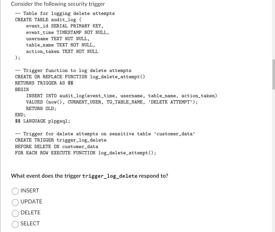 Solved Consider the following security trigger-- ﻿Table for | Chegg.com