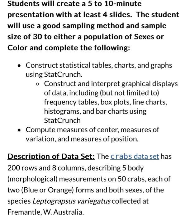 Solved Students will create a 5 to 10−minute presentation | Chegg.com