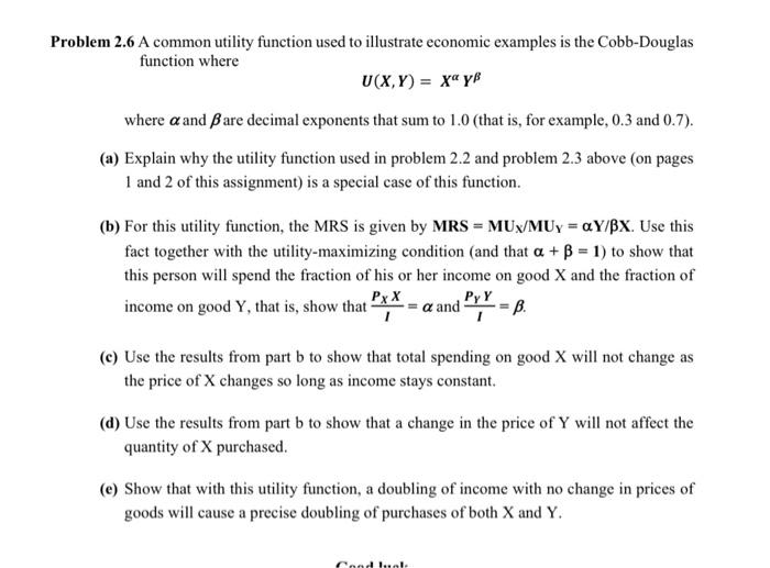 Problem 2.6 A common utility function used to | Chegg.com
