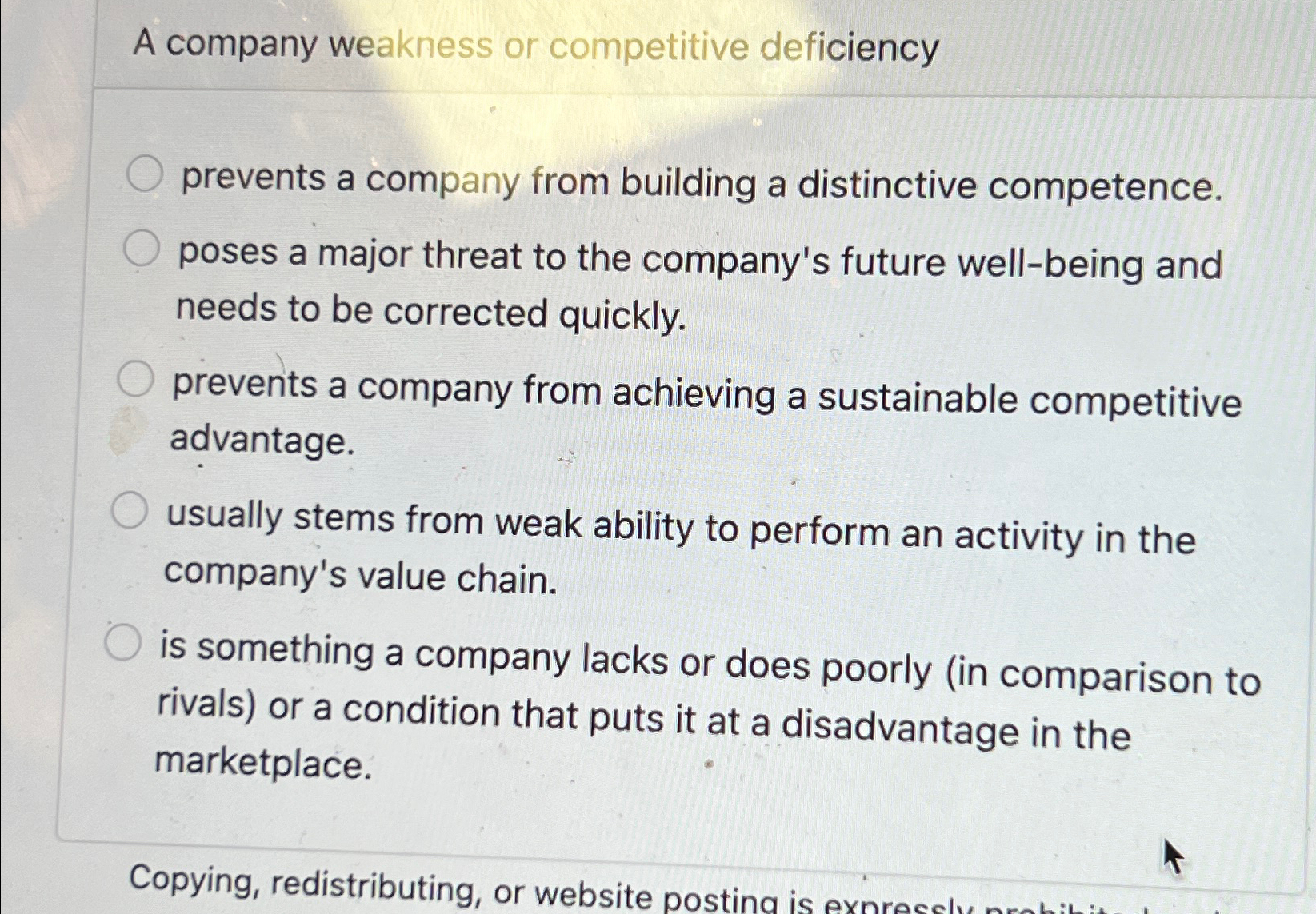 Solved A company weakness or competitive deficiencyprevents | Chegg.com