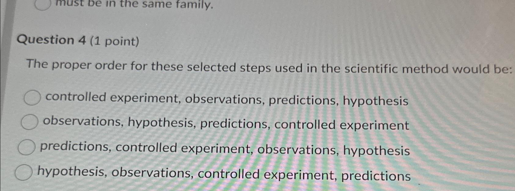 Solved must be in the same family.Question 4 (1 ﻿point)The | Chegg.com