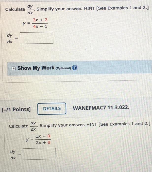 Solved dy Calculate dx Simplify your answer. HINT (See | Chegg.com
