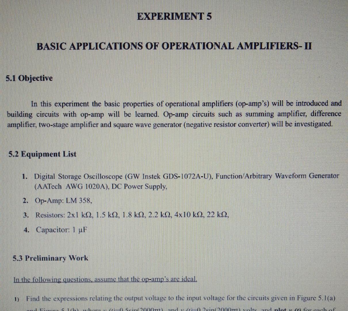 Solved BASIC APPLICATIONS OF OPERATIONAL AMPLIFIERS- II 5.1 | Chegg.com