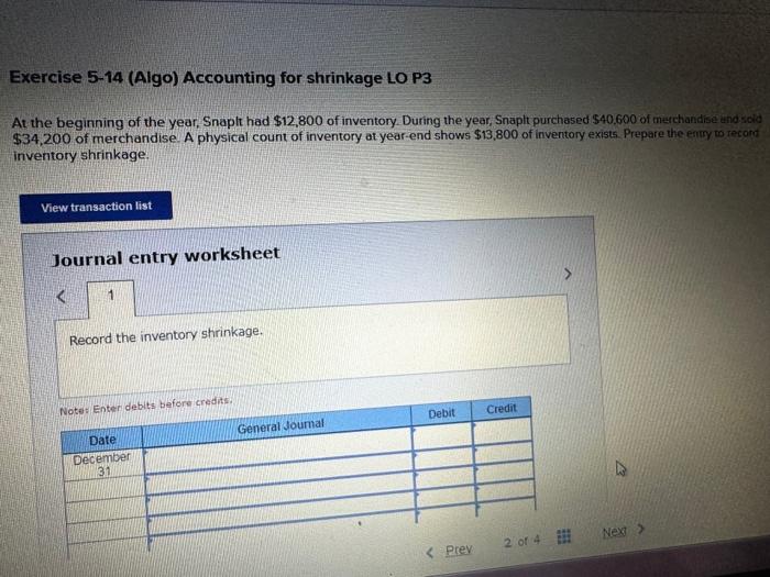 Solved Exercise 5-14 (Algo) Accounting for shrinkage LO P3 | Chegg.com