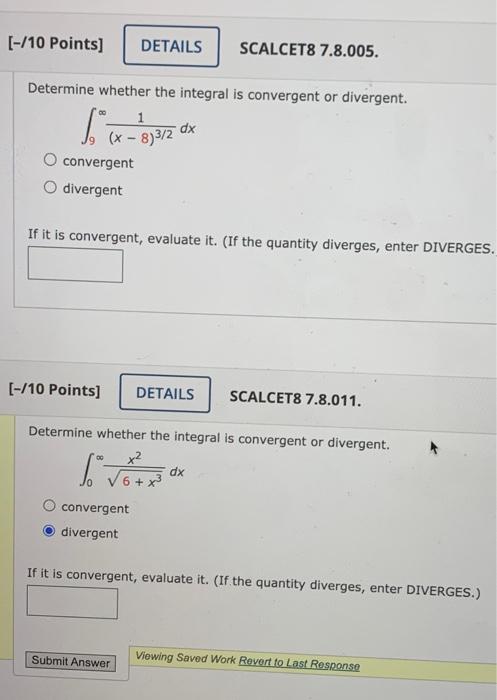 Solved [-/10 Points) DETAILS SCALCET8 7.8.005. Determine | Chegg.com