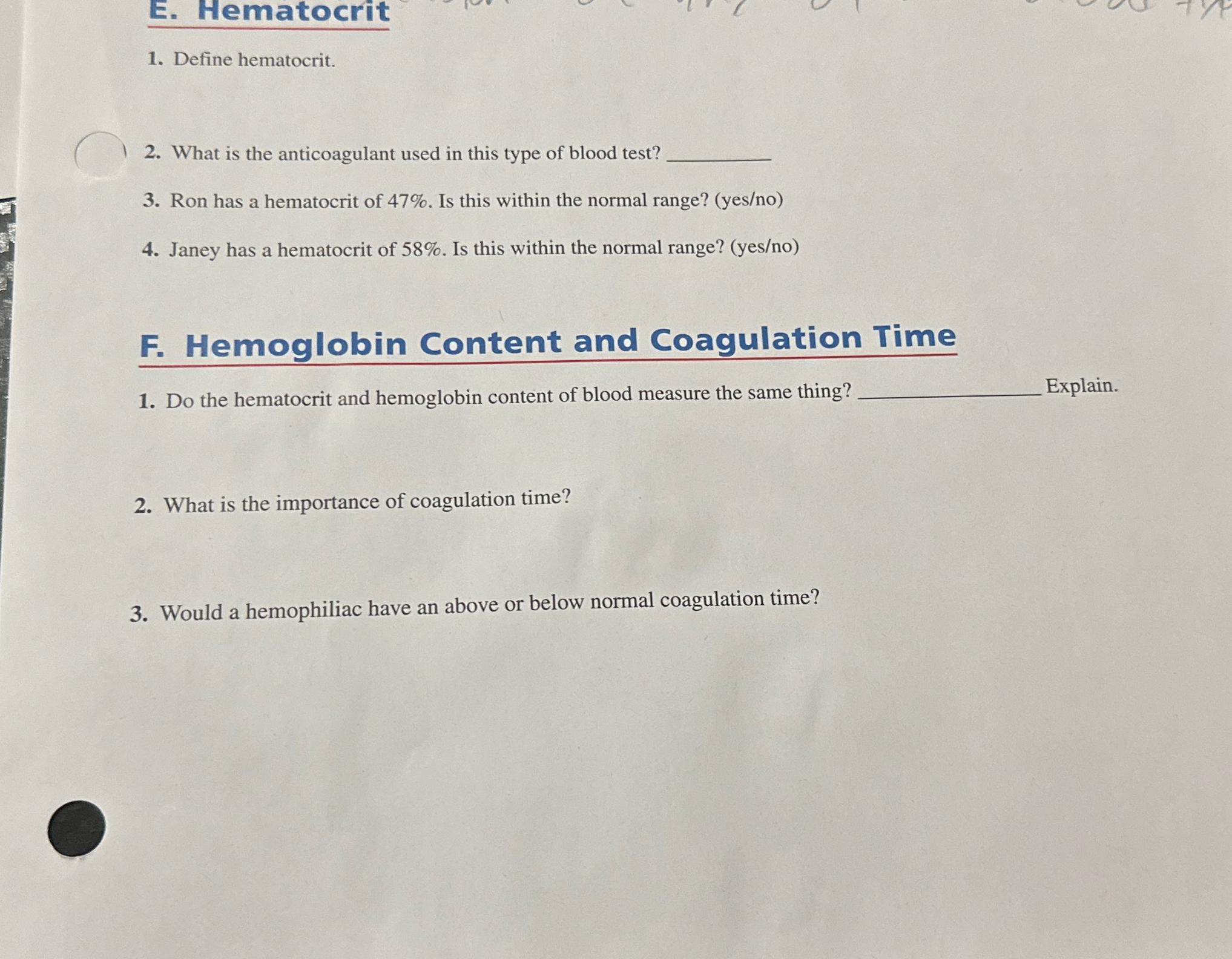 Solved HematocritDefine hematocrit.What is the anticoagulant | Chegg.com