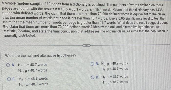 Solved A simple random sample of 10 pages from a dictionary | Chegg.com