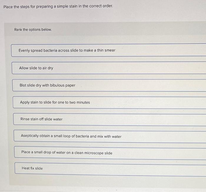 Solved Place the steps for preparing a simple stain in the | Chegg.com