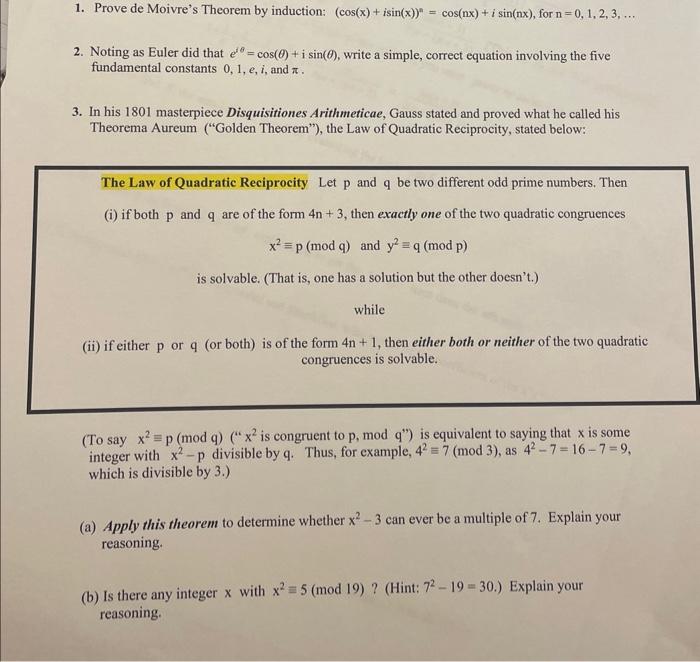 Solved 1 Prove De Moivres Theorem By Induction 7851