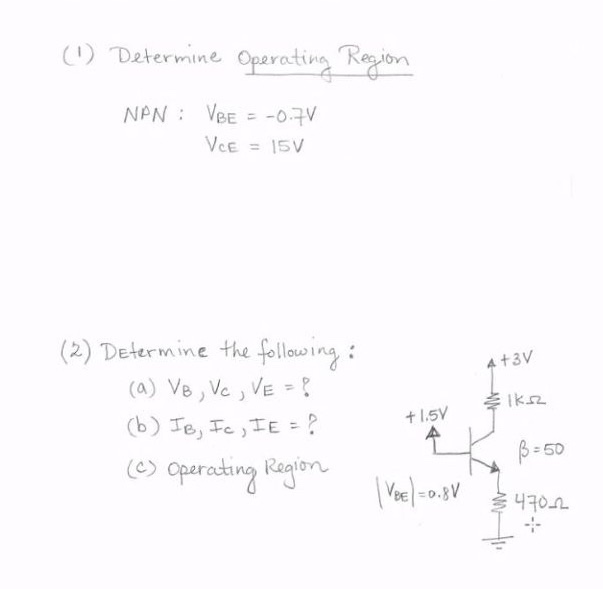 Solved (1) Determine Operating Region NPN: VBE = -0.7V Vee = | Chegg.com