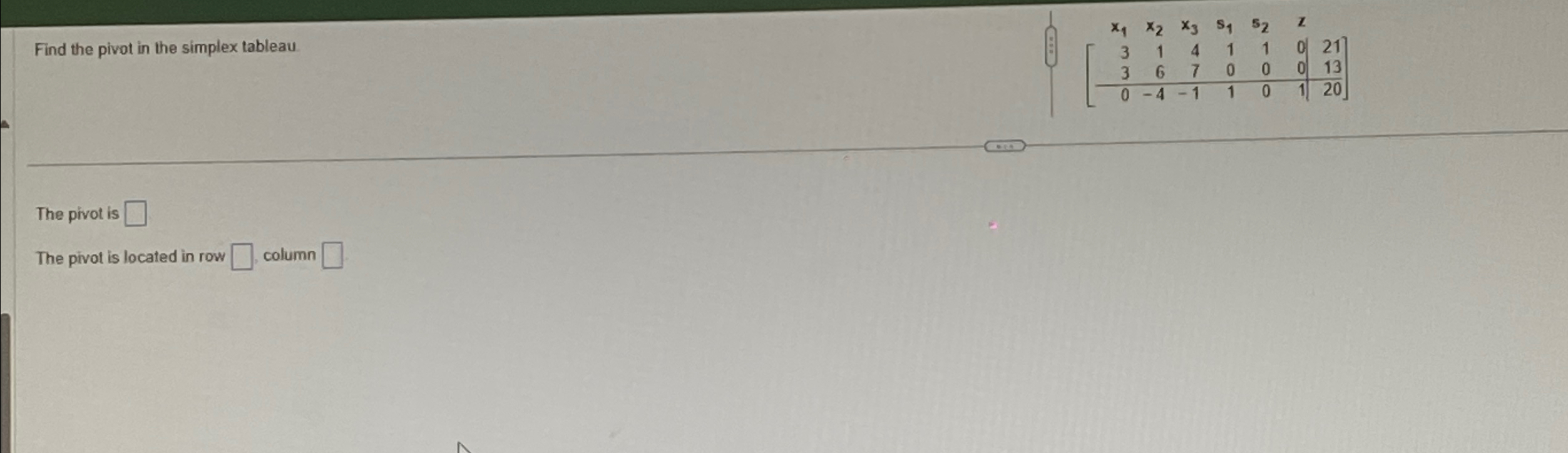 Solved Find the pivot in the simplex tableau.The pivot is | Chegg.com