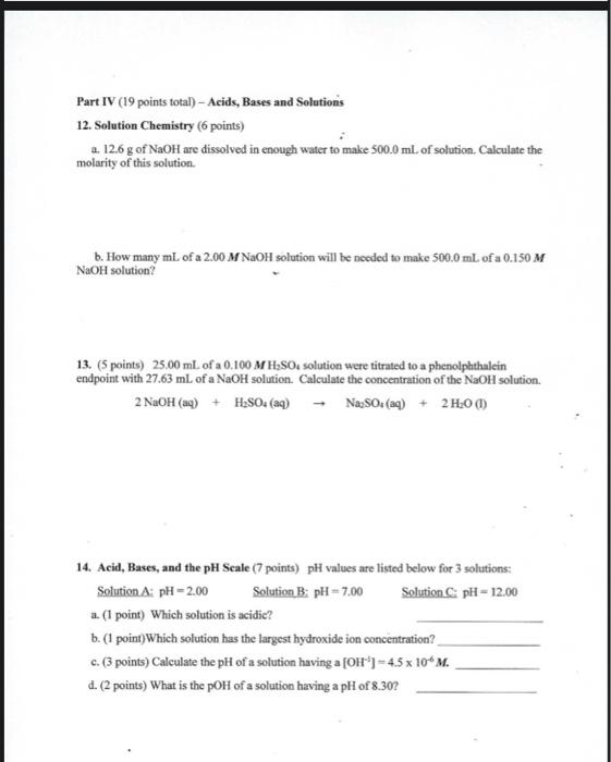 Solved Part IV (19 points total) - Acids, Bases and | Chegg.com