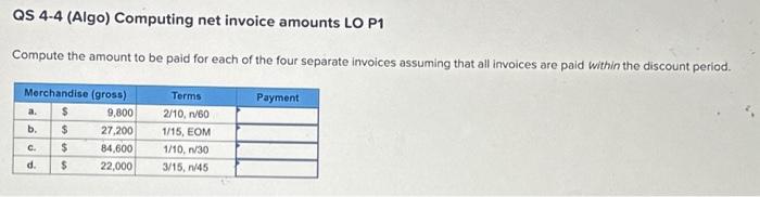 Solved QS 4-4 (Algo) Computing net invoice amounts LO P1 | Chegg.com